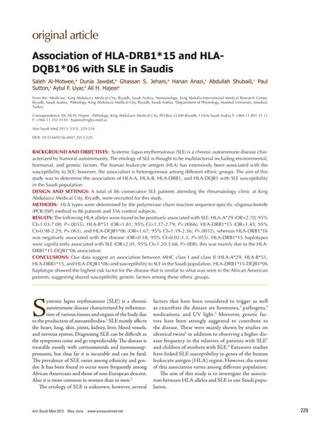 Pdf Association Of Hla Drb115 And Hladqb106 With Sle In Saudis