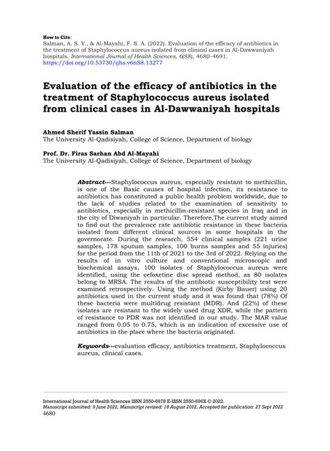 Pdf Evaluation Of The Efficacy Of Antibiotics In The Treatment Of Staphylococcus Aureus