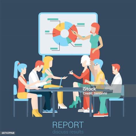 플랫 사업 보고서 회의 두개골 세션 회의 프레 젠 테이 션 모임 교섭 웹 Infographic 개념 벡터 문자 사람들 테이블 센터 소득 그래픽 칠판에 보스의 그룹 기업