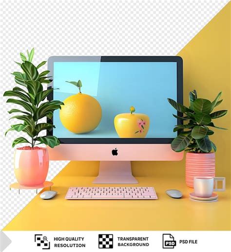 Premium Psd Unique Computer Setup With A Green Plant White Keyboard