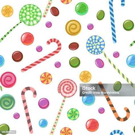 과자와 흩어져 있습니다 매끄러운 패턴 모듬 롤리팝 디저트가 산재 스틱 사탕 캐러멜 평면 배경 그림입니다 격리된 벡터 원형에 대한 스톡 벡터 아트 및 기타 이미지 Istock