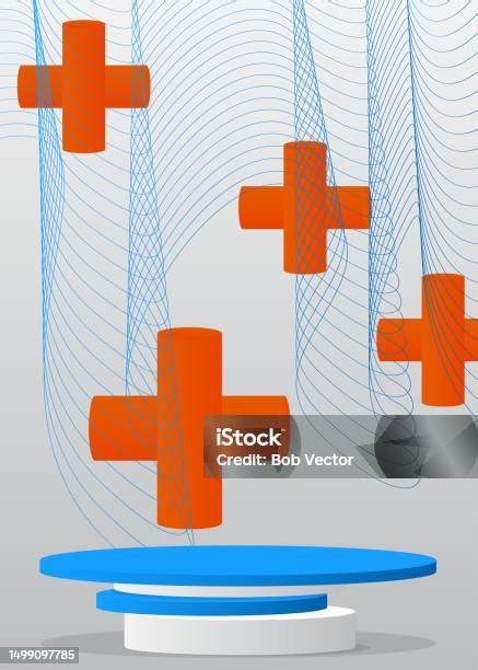 추상적인 주황색 파란색 흰색 실린더 받침대 연단 프레젠테이션을 위한 모형 무대 쇼케이스 최소한의 기하학적 제품 디스플레이 벡터 3d 미래 공상 과학 형태 빈 장면 0명에