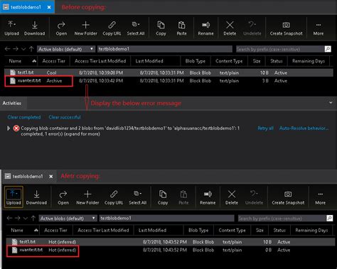 the copied archive blob shows well on destination container after
