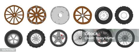 수송 바퀴 낙서 자동차 오토바이와 자전거 타이어 다른 자동 림과 타이어 유형 고대 수레 바퀴 나무 금속 및 돌 원 발명 벡터 차량 부품 세트 바퀴에 대한 스톡 벡터 아트 및