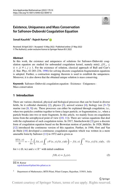 Existence Uniqueness And Mass Conservation For Safronov Dubovski Coagulation Equation Request Pdf