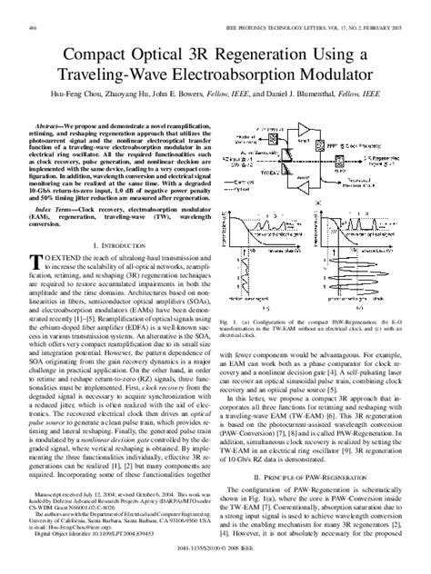 Pdf Compact Optical 3r Regeneration Using A Traveling Wave Electroabsorption Modulator