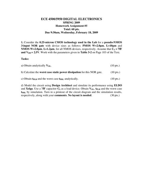 Homework Assignment 5 For Digital Electronics Ece 4500 Docsity