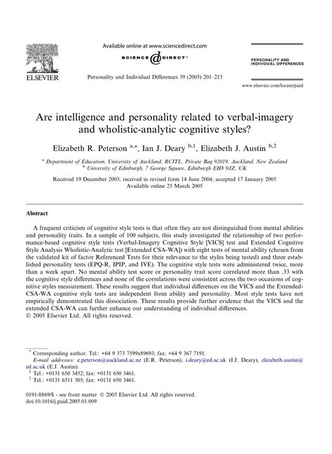 Pdf Are Intelligence And Personality Related To Verbal Imagery And Wholistic Analytic