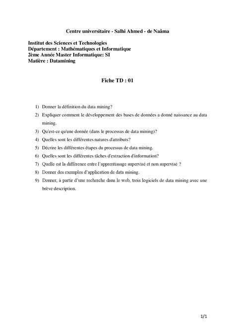 Exercice De Data Mining Exercises Data Mining Docsity
