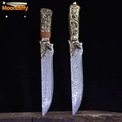 다마스커스 강철 수제 주방 칼 날카로운 사냥 야외 식칼 일본 바이킹 칼 구리 드래곤 장식 7 Quot Aliexpress