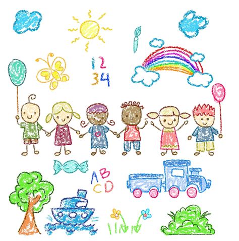 손으로 그린 어린이 그림 설정 프리미엄 벡터