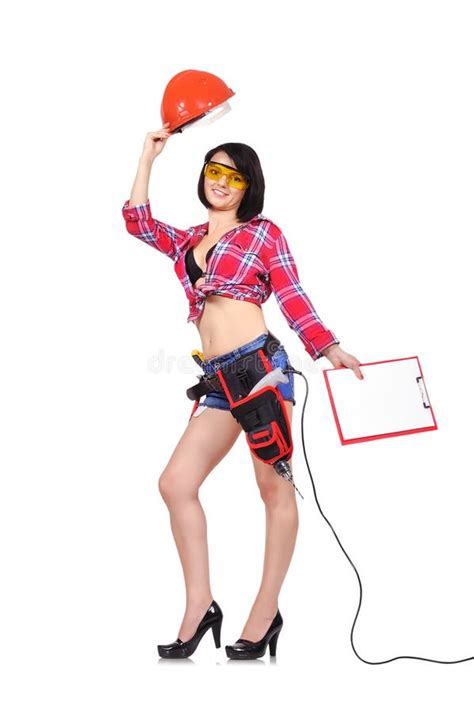 Constructor De La Mujer Que Sostiene El Casco Y El Tablero Foto De