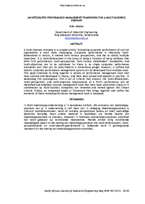 Pdf An Integrated Performance Management Framework For A Multi