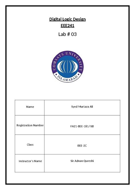 DLD Lab Lab Report Digital Logic Design EEE Lab Name Syed Murtaza Ali Registration