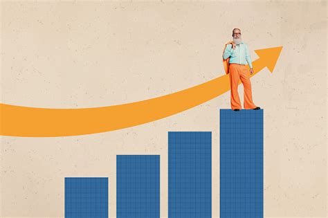 콜라주 핀업 팝 복고풍 재미 있는 노인 남자 연금 수급자 데이터 분석 성공 계획 상단 화살표 잡지 초현실주의 은유의 이미지 55 59세에 대한 스톡 사진 및 기타 이미지