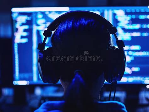 Programmer Wearing Headphones Coding On Computer At Night Stock Image