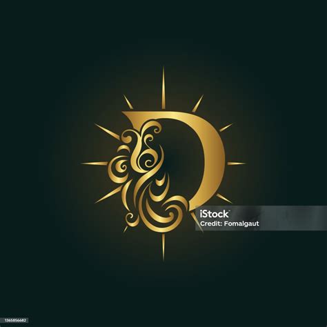 편지 D 빛나는 황금 모노그램 광선과 밝은 별 우아한 캘리그래픽 로고 크리에이티브 아트 디자인 브랜드 이름 명함 부티크 레스토랑 클럽을위한 고급 템플릿 벡터 일러스트레이션
