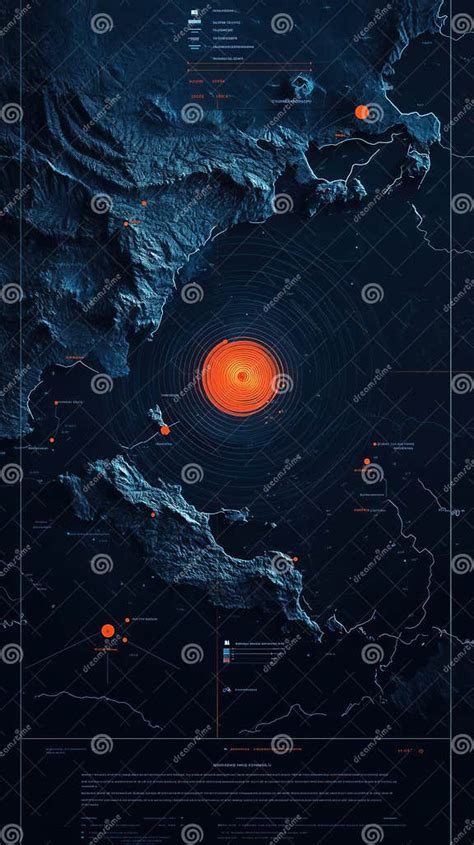 Digital Map Visualizing Earthquakes Epicenter With Detailed Data Stock Illustration