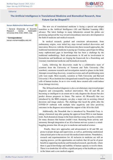 Pdf Editorial The Artificial Intelligence In Translational Medicine And Biomedical Research