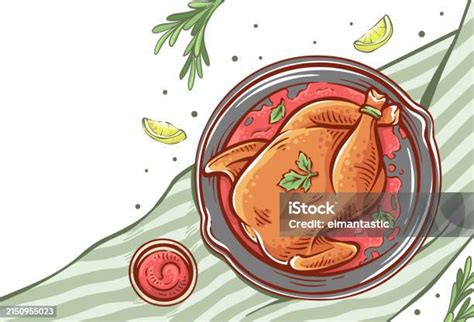 구운 닭고기 요리 그림입니다 닭고기 손으로 그린 벡터 디자인입니다 천 소스 레몬 조각 허브를 곁들인 레스토랑 구운 치킨 그림 0명에 대한 스톡 벡터 아트 및 기타 이미지