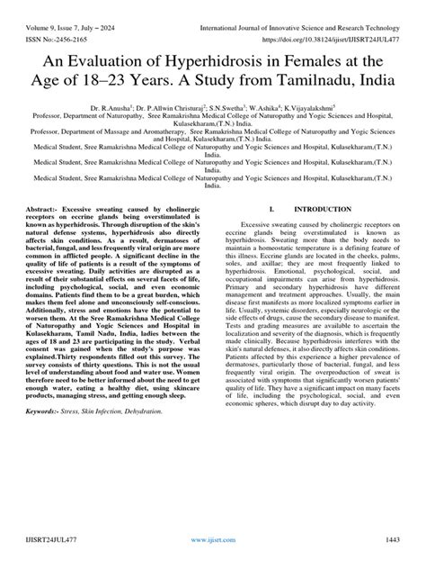An Evaluation Of Hyperhidrosis In Females At The Age Of 18 23 Years A