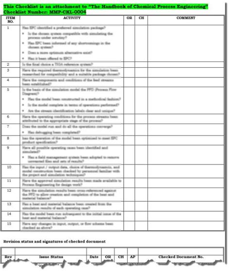 Process Simulation Blank Checklist Format For A Process Engineer