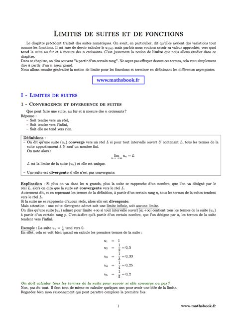 Limites De Suites Et De Fonctions Cours Pdf à Imprimer Maths Terminale S