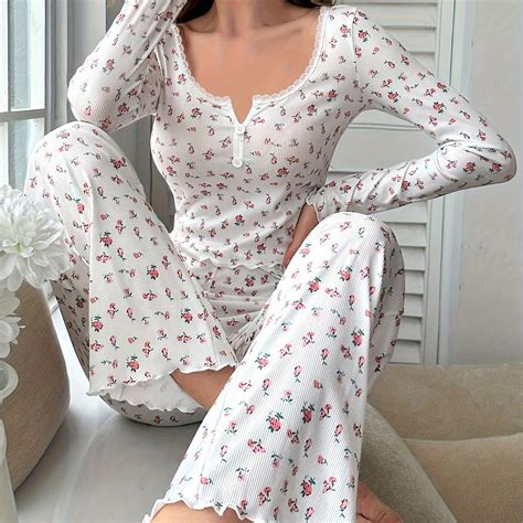 Temu｜thickened Warm Long Sleeve And Long Pants Floral Print Pajama Set