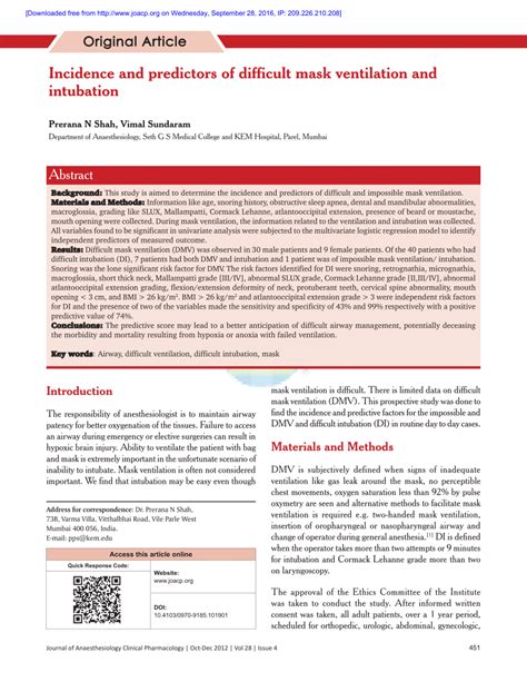 Pdf Incidence And Predictors Of Difficult Mask Ventilation And Intubation