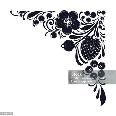 나뭇잎이있는 열매와 꽃의 양식화 된 모서리 흰색 배경에 검은 색 고립 된 이미지 벡터 일러스트 레이 션 0명에 대한 스톡 벡터 아트 및 기타 이미지 Istock