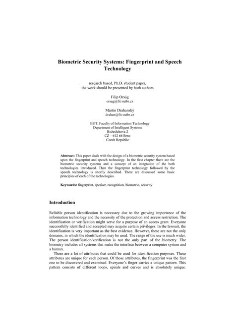 Pdf Biometric Security Systems Fingerprint And Speech Technology