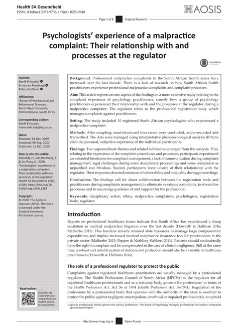 Pdf Psychologists Experience Of A Malpractice Complaint Their