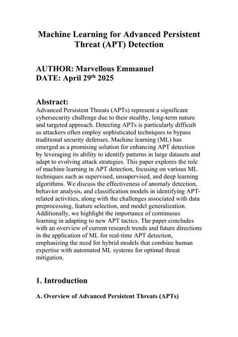 Pdf Machine Learning For Advanced Persistent Threat Apt Detection