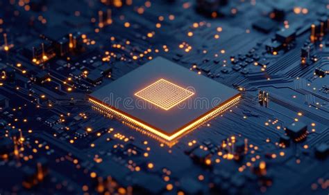 High Tech Microprocessor On Circuit Board With Glowing Connections And