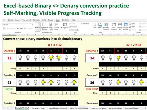 Self Marking Binary Conversion Spreadsheet Based Activity Teaching