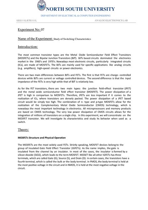 EEE Exp Lab Report DEPARTMENT OF ELECTRICAL COMPUTER ENGINEERING EEE L ETE L