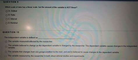 Solved QUESTION 9 Which Scale Of Data Has A Linear Scale Chegg Com