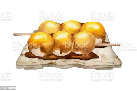 수채화 손으로 그린 일본 전통 과자 미타라시 당고를 곁들인 세라믹 접시 흰색 배경에 격리 초대장 레스토랑 메뉴 인사말 카드 인쇄 섬유 디자인 0명에 대한 스톡 벡터 아트 및