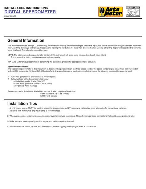 PDF INSTALLATION INSTRUCTIONS DIGITAL SPEEDOMETER Digital Speedometer Installation Tips 1