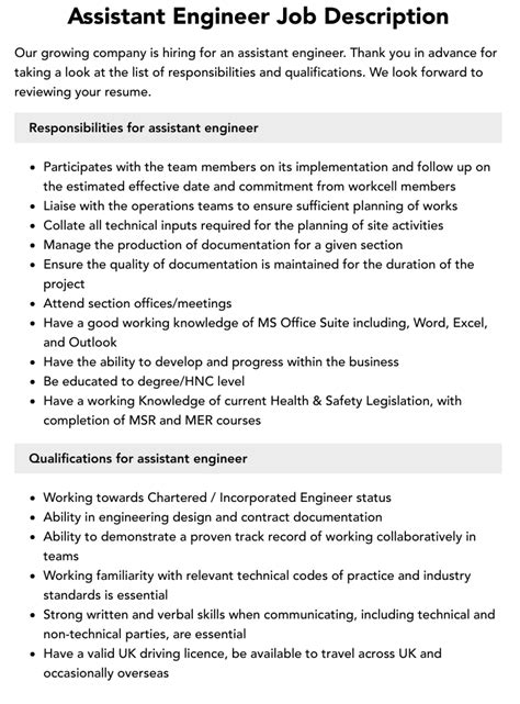 Assistant Engineer Job Description Velvet Jobs