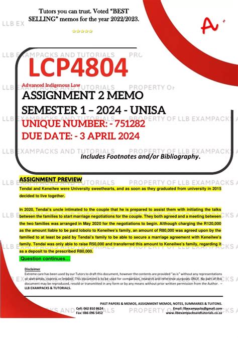 LCP4804 ASSIGNMENT 2 MEMO SEMESTER 1 2024 UNISA DUE 3 APRIL 2024 DETAILED ANSWERS