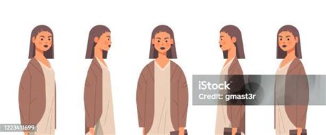 설정 캐주얼 소녀 십대 전면 보기 여성 만화 캐릭터 애니메이션 세로 수평에 대한 다른 보기 가공의 인물에 대한 스톡 벡터 아트 및 기타 이미지 가공의 인물 개체 그룹