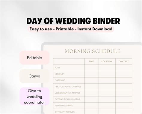 Day Of Wedding Planner Template Wedding Schedule Editable Template Day