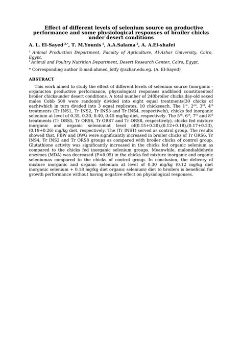 Pdf Effect Of Different Levels Of Selenium Source On Productive Performance And Some