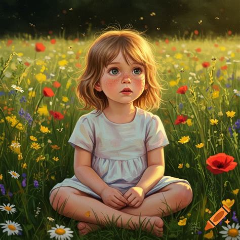 An Illustrated Young Girl With Red Freckles Sits Cross Legged In A