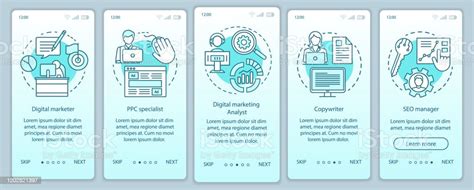 디지털 마케팅 전문 선형 개념과 모바일 앱 페이지 화면 온보딩 청록색 Seo 관리자 연습 단계 그래픽 지침입니다 Ux Ui 그림이 있는 Gui 벡터 템플릿 5에 대한 스톡