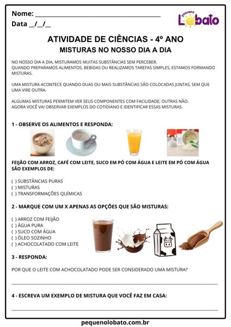Atividades De Ciências 4º Ano Misturas No Cotidiano