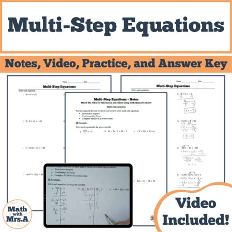 Multi Step Equations Notes Video Lesson Worksheet Tpt