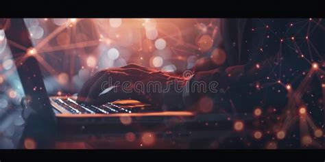 Male Hands Typing On Laptop Keyboard With Glowing Orange Network Connections In The Background