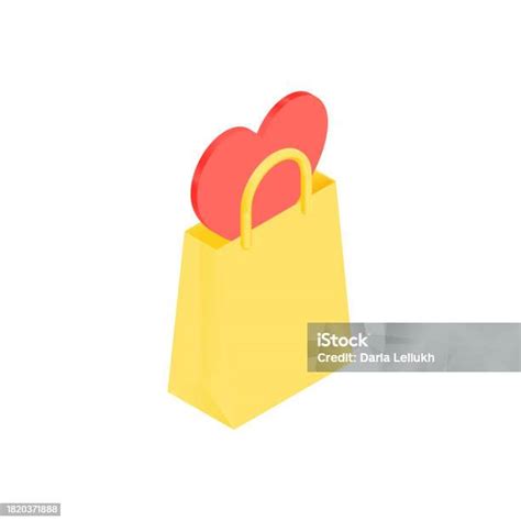 등각 투영 노란색 아이콘입니다 현대 평면 벡터 일러스트 레이 션입니다 하트 모양 기호가 있는 쇼핑백입니다 소셜 미디어 템플릿 2차 도형에 대한 스톡 벡터 아트 및 기타